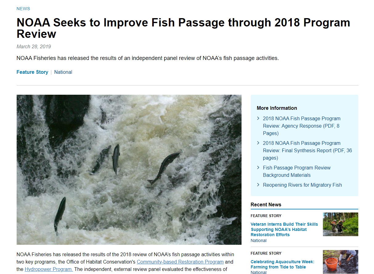 NOAA Fisheries Releases Results of Fish Passage Program 2018 Review ...